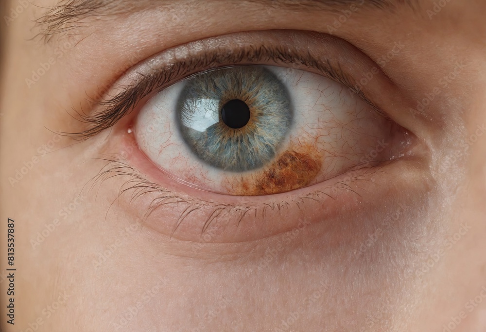 Close-up of inflamed red eye with swollen eyelid and hemorrhage inside ...