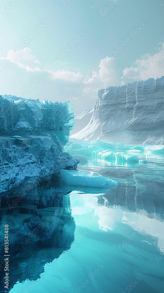 Giant glacier, shimmering blue ice, mystical creature, overlooking vast ...