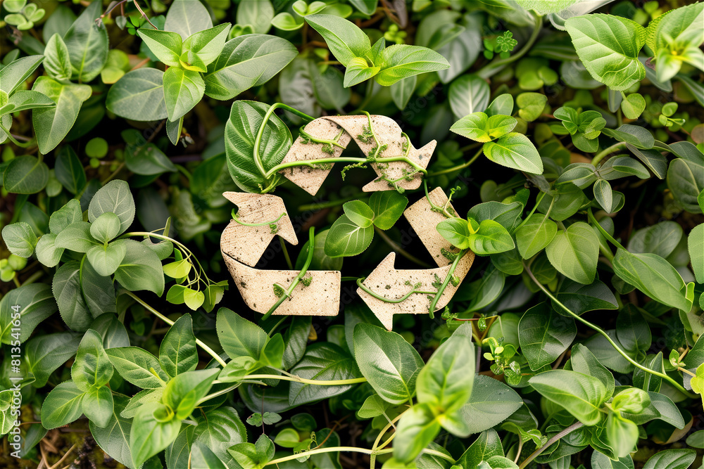 Top view of recycle symbol on the green plants. Concept of garbage ...