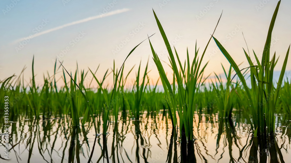 Lush green paddy fields with standing water reflecting sustainable ...