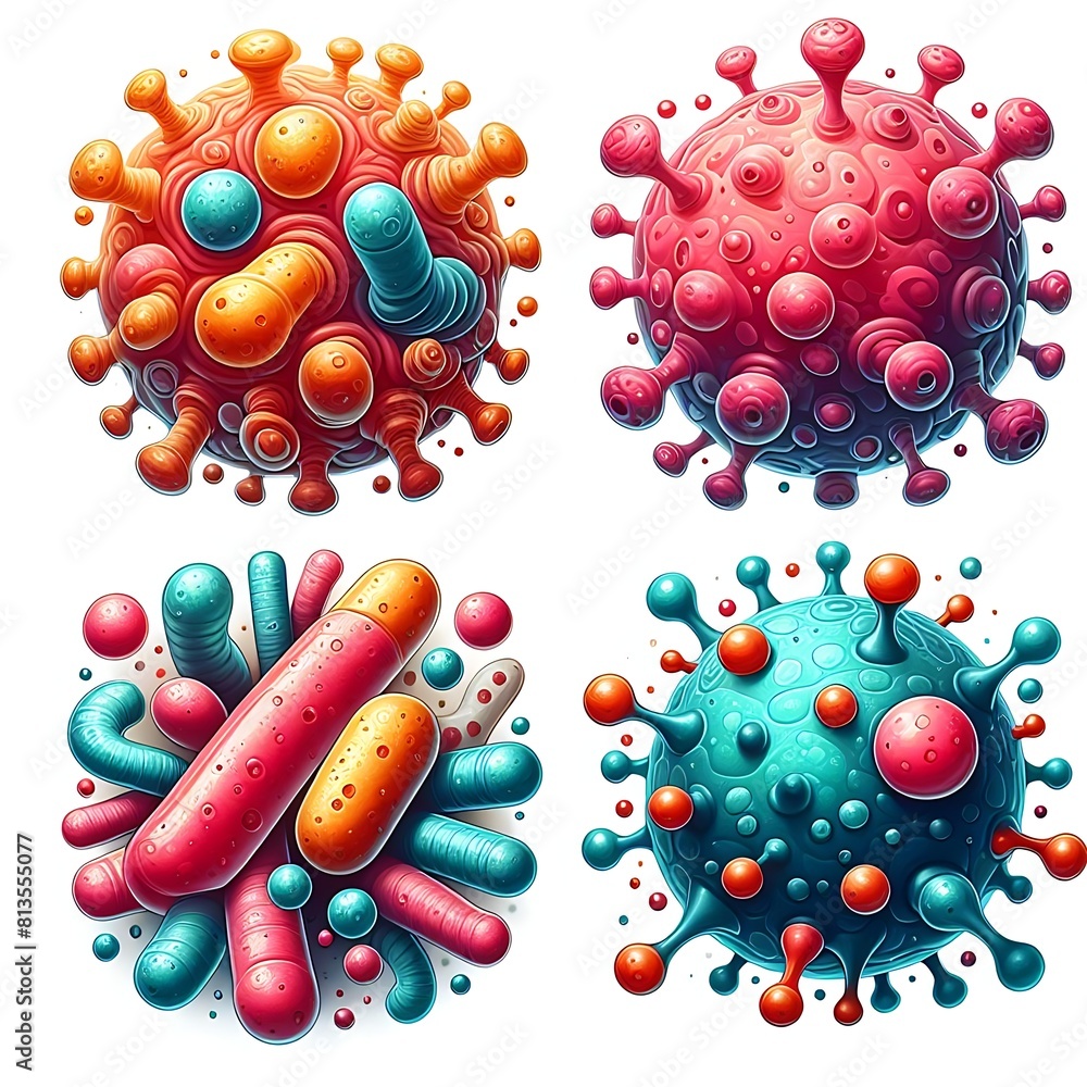 3D illustration of Viruses, germs and bacteria, types of microorganisms ...