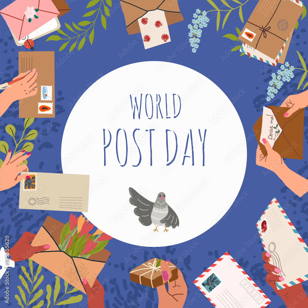 Vector graphic hand drawn world mail day, flat design, round background ...