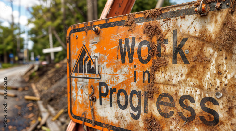 A rusted orange sign shown in perspective that says WORK IN PROGRESS on ...