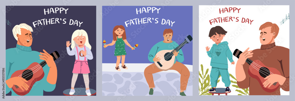 Happy Fathers Day postcard set with musical instruments, guitar ...