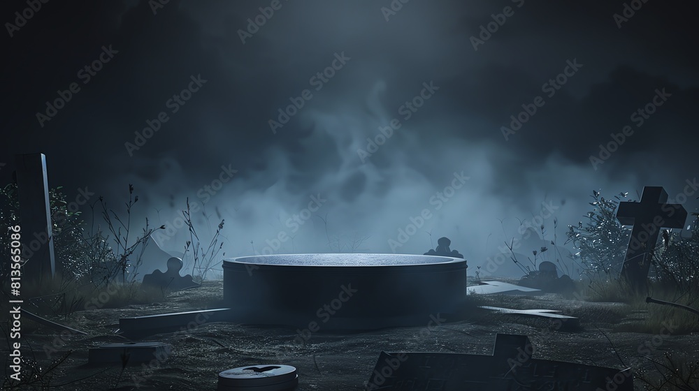 Midnight at the graveyard themed 3D podium mockup a sleek black podium ...