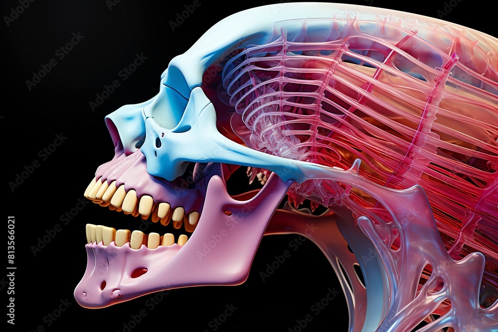 This is a detailed and realistic 3D rendering of a human skull. The ...