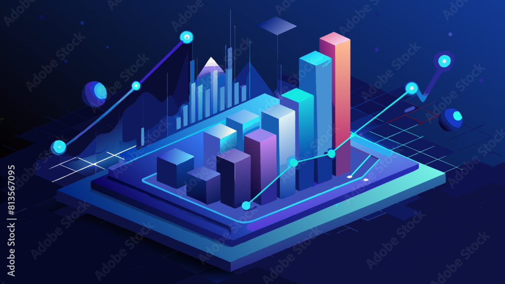 Blue gradient slim chart bars template, Flat design interface ...