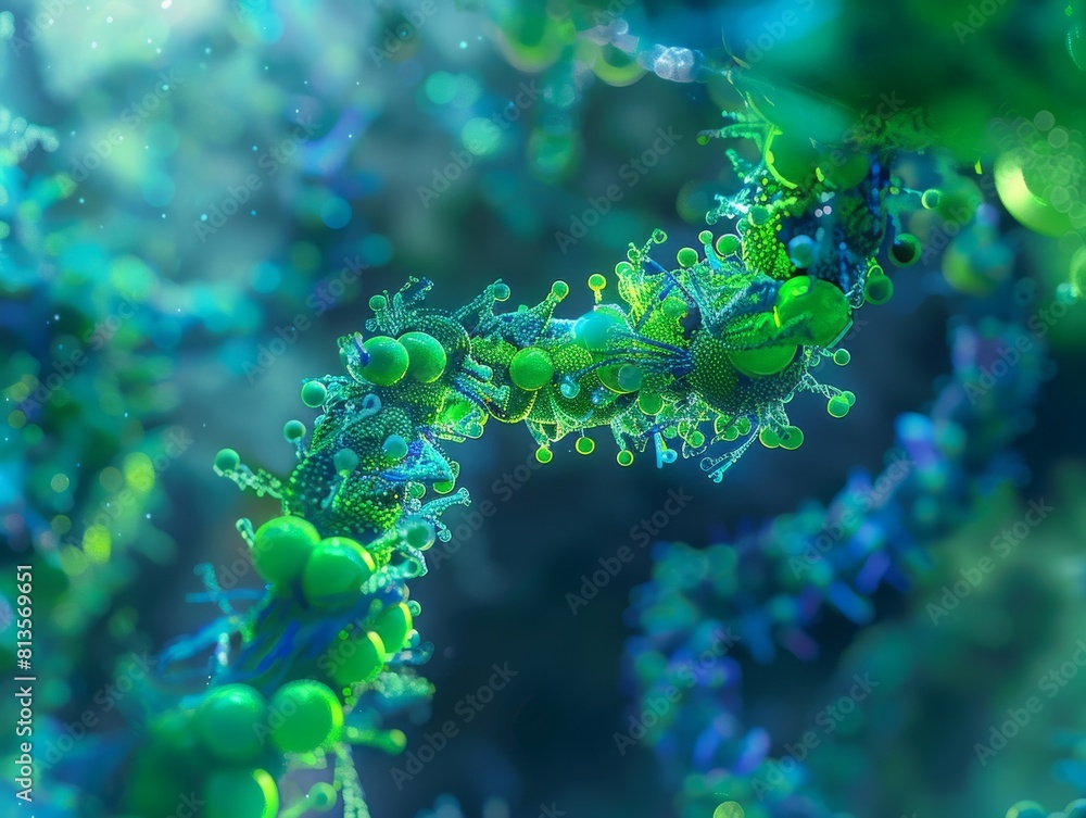 Macro world within the micro A close-up view of a stylized DNA strand ...