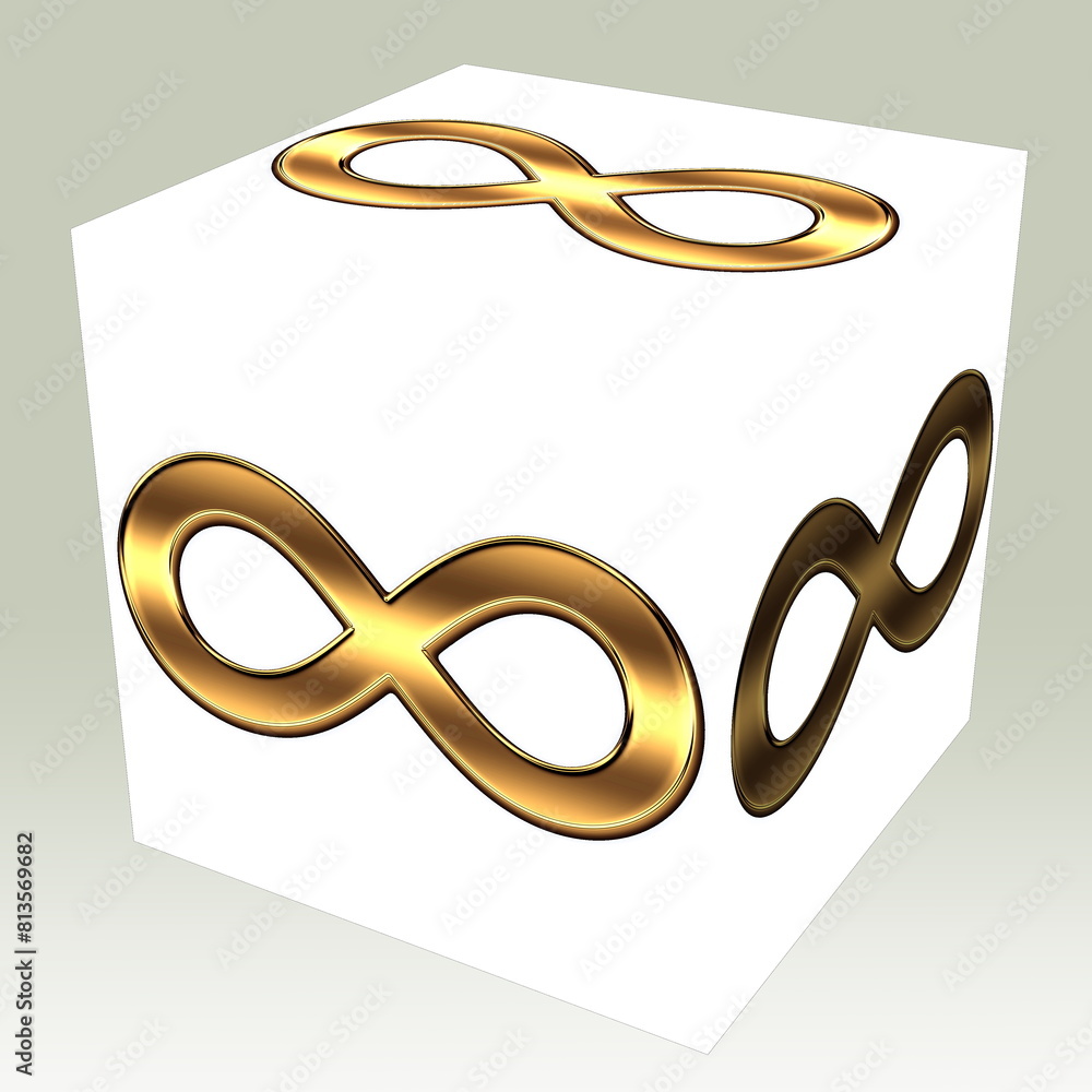 white cube with golden infinity signs on gray gradient background ...