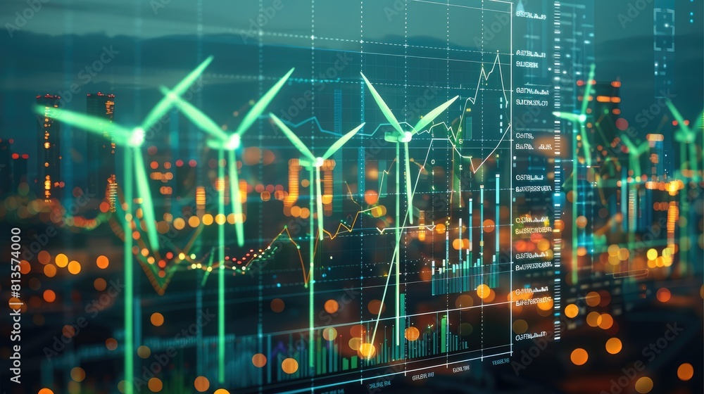 Stock market graphs and economic data visualized with icons of solar ...