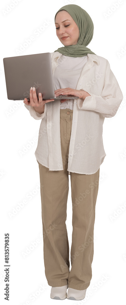 Muslim woman in hijab posing with laptop, full body length positive ...