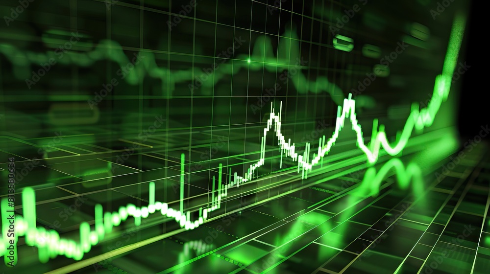 Glowing green stock market chart with upward trend on digital screen ...