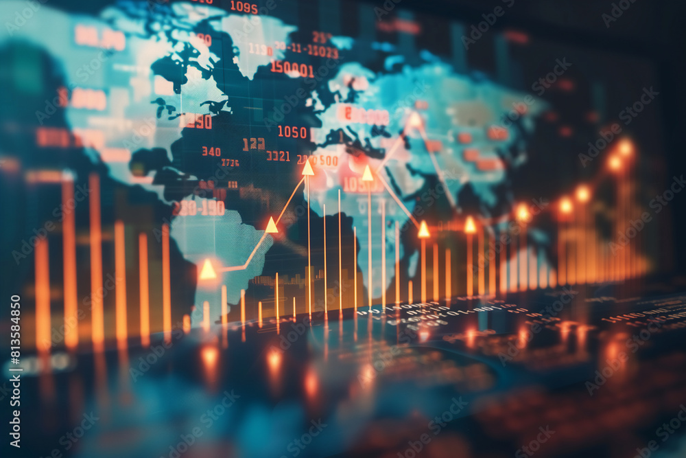 Financial chart with moving up arrow graph and world map Stock Photo ...