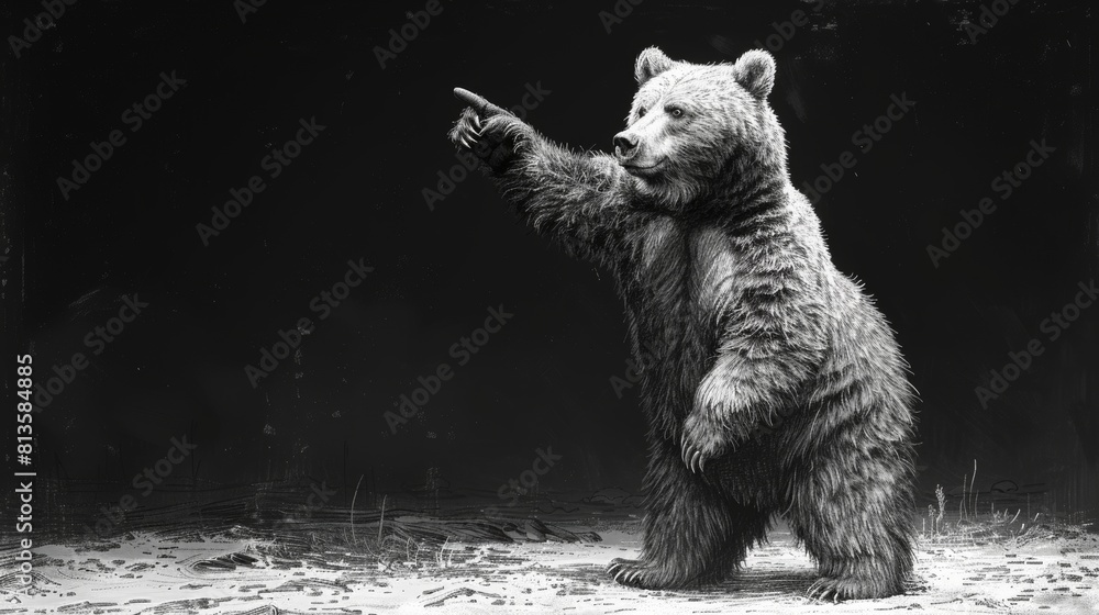 An abstract drawing of a dancing standing bear pointing with its paw ...