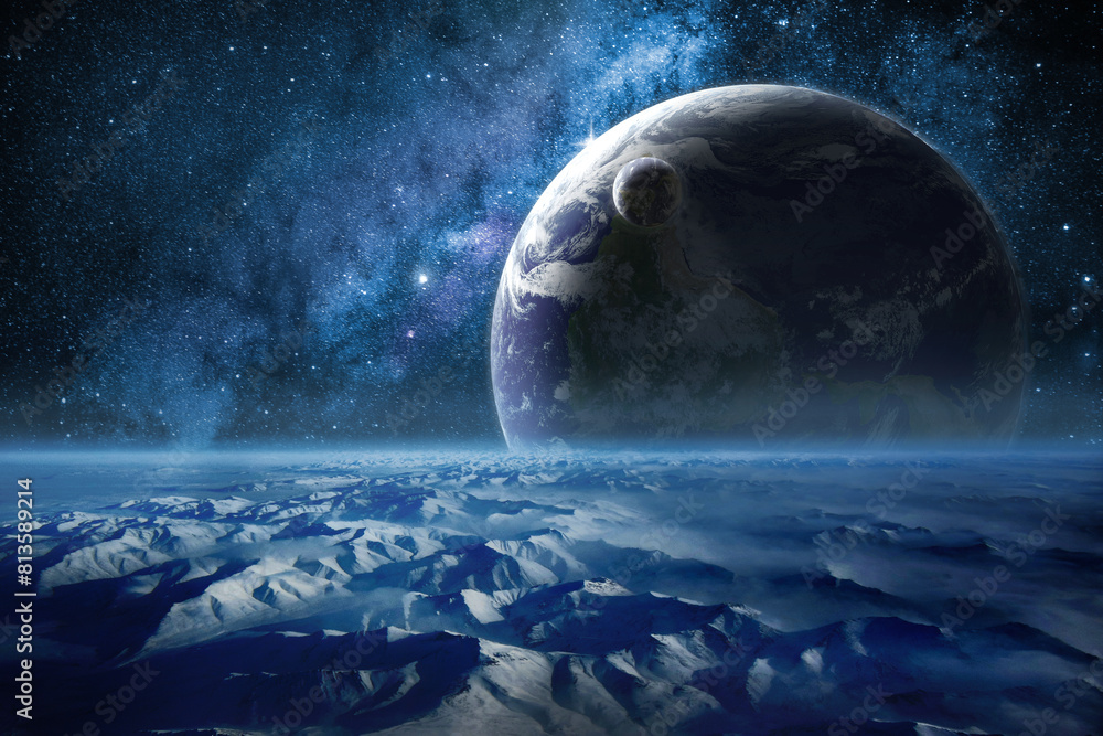 A view from the surface of a rocky and icy alien landscape with the ...