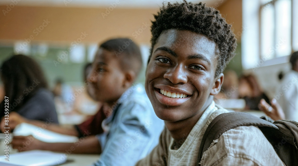 Smiling student sitting in class. Education at school and university ...
