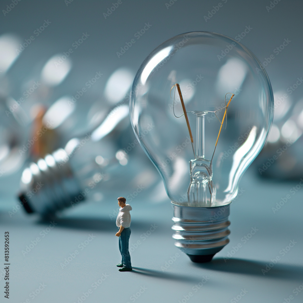 Man standing next to a giant lightbulb in a surreal setting ...