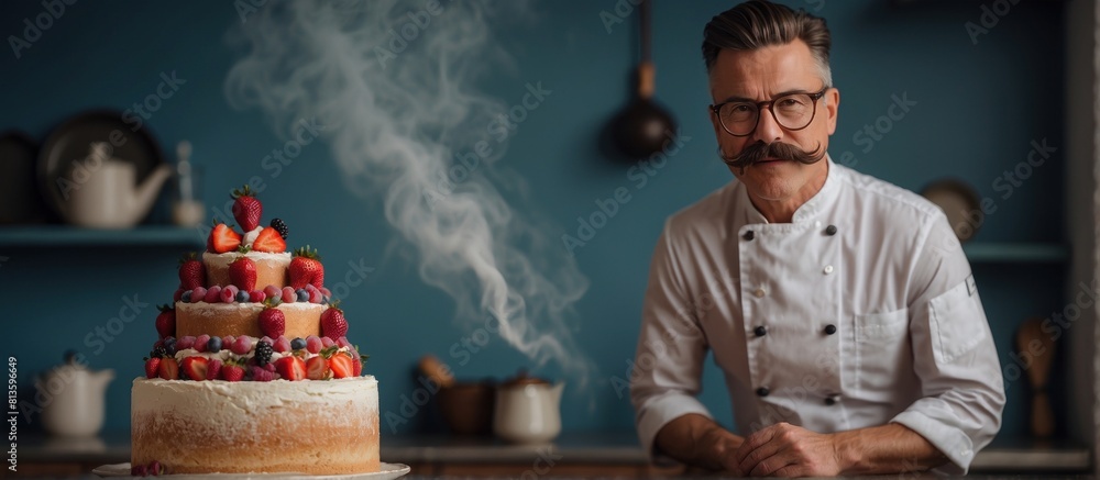 Professional pastry chef proudly presents a freshly made cake ...