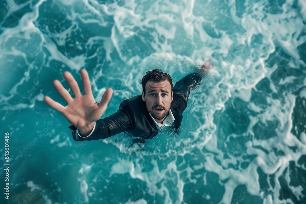 In business suit drowning in water and reaching his hands up for rescue ...