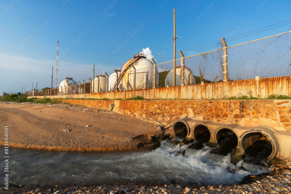 Outflow of wastewater from chemical plant to the sea. Stock Photo ...