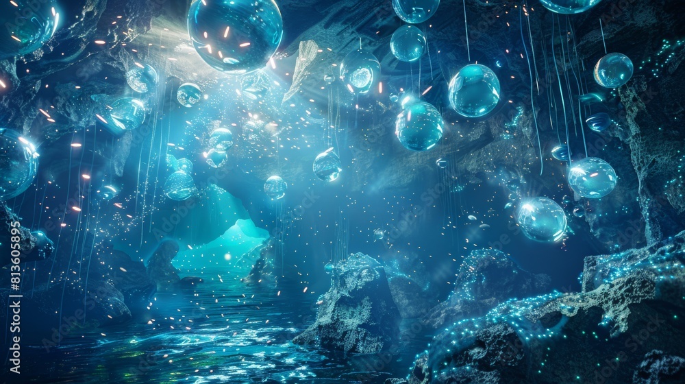 A mesmerizing scene within an underwater cave, adorned with floating ...