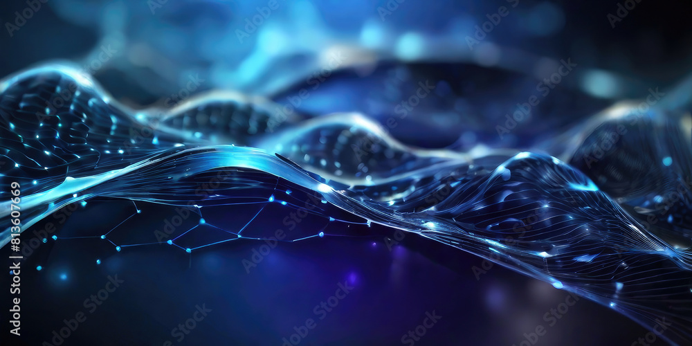 Abstract blue tech background with digital waves, dynamic network system, artificial neural ...