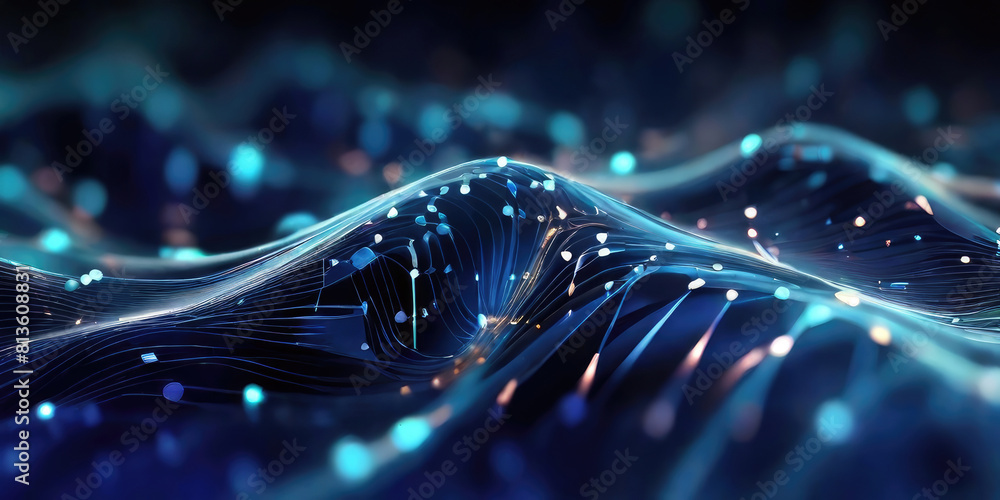 Abstract blue tech background with digital waves, dynamic network system, artificial neural ...