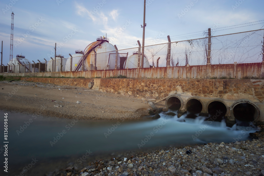 Outflow of wastewater from chemical plant to the sea. Stock Photo ...