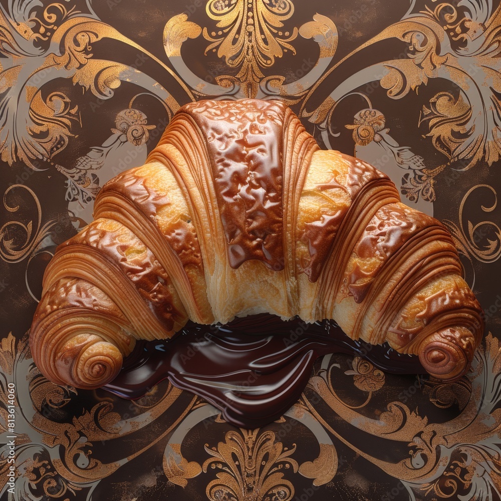 Croissant with rich chocolate sauce on an intricate pattern a tempting ...