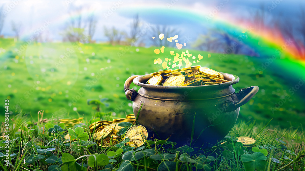 mystical scene with a pot overflowing with gold coins, set against a ...