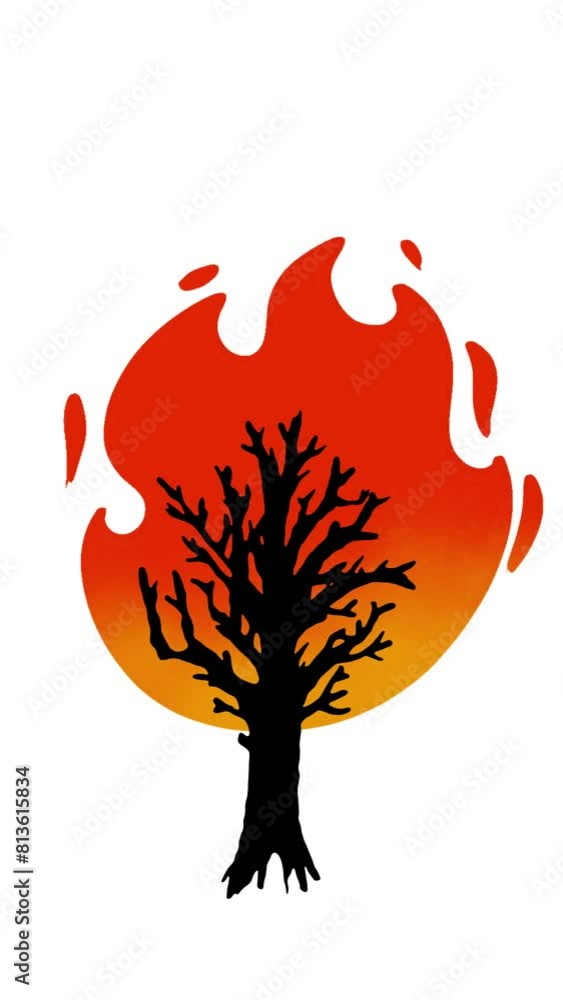 Burning alone tree with fire flames in cartoon doodle style. Simple 2d ...