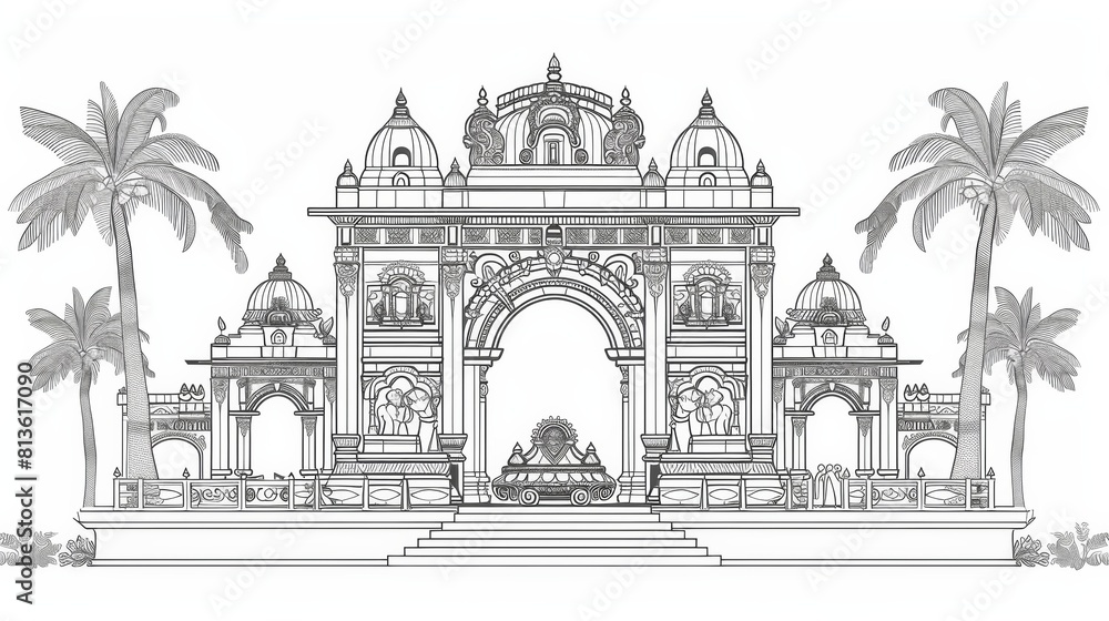 Detailed Black and White Line Art of a Traditional Indian Palace Stock ...