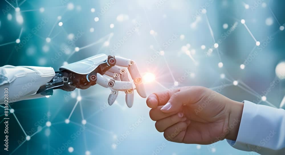 AI, Machine learning, Hand of robot and hand of human touching on big ...