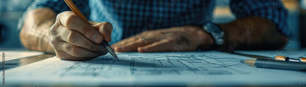 The architect is using a compass to draw a circle on the blueprint ...