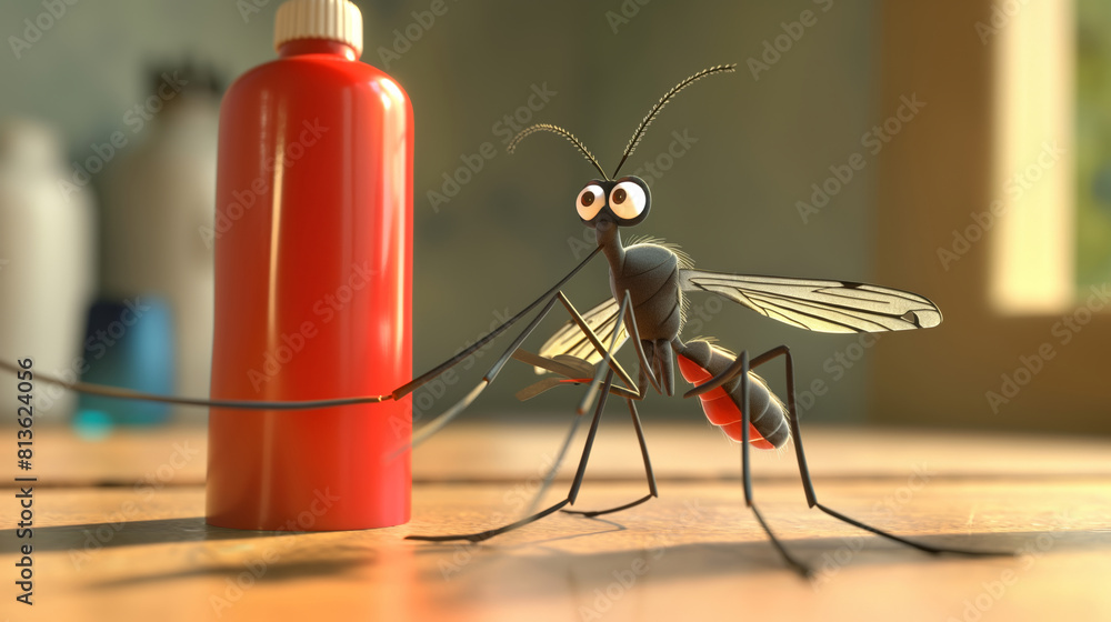 Cartoon style 3d scared mosquito and anti-mosquito repellent spray ...