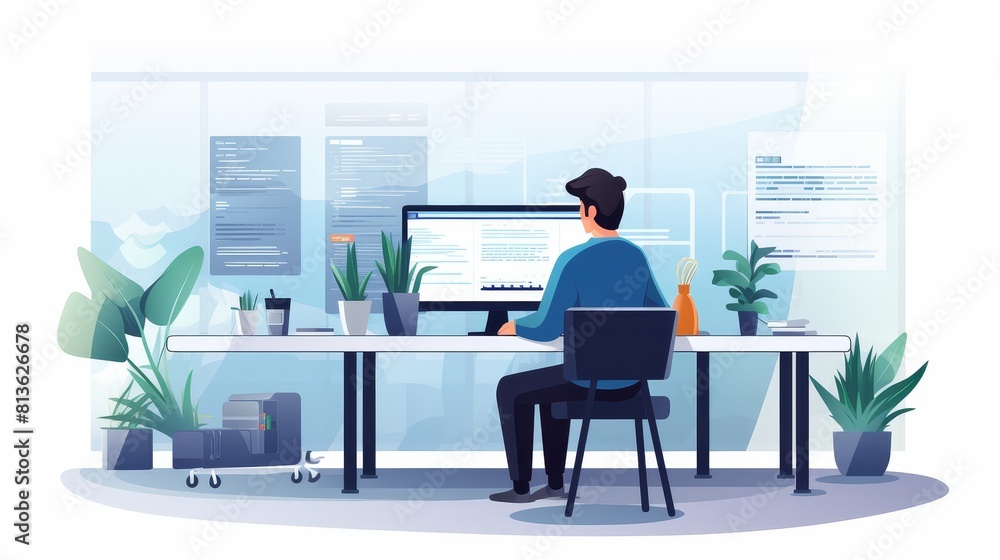 Realistic software engineer flat design side view coding process theme ...