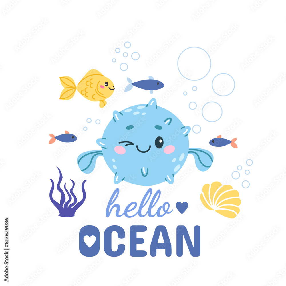 Vector children's cartoon illustration with a cute fish ball and the ...
