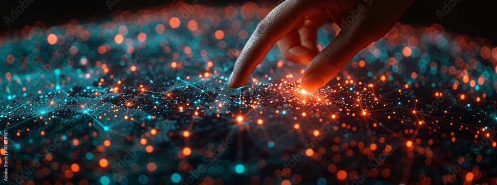 world internet of thing human hand tapping image of networked globe ...