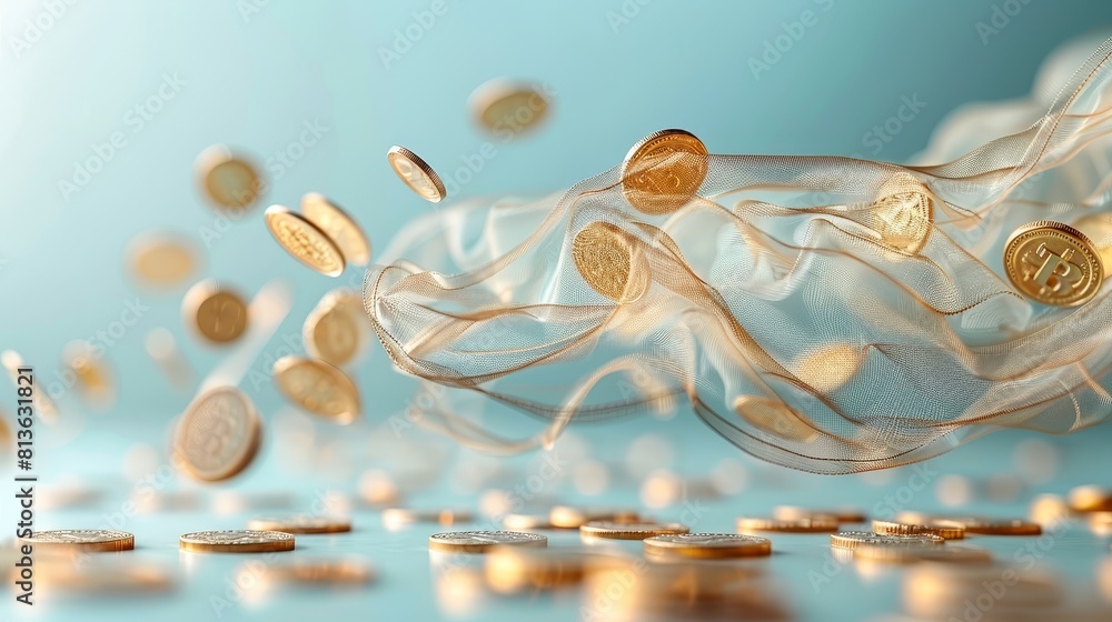 Futurism art of a clear safety net gracefully catching falling coins ...