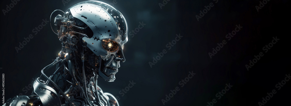 Artificial intelligence, composition of a chrome cyborg robot on a dark ...