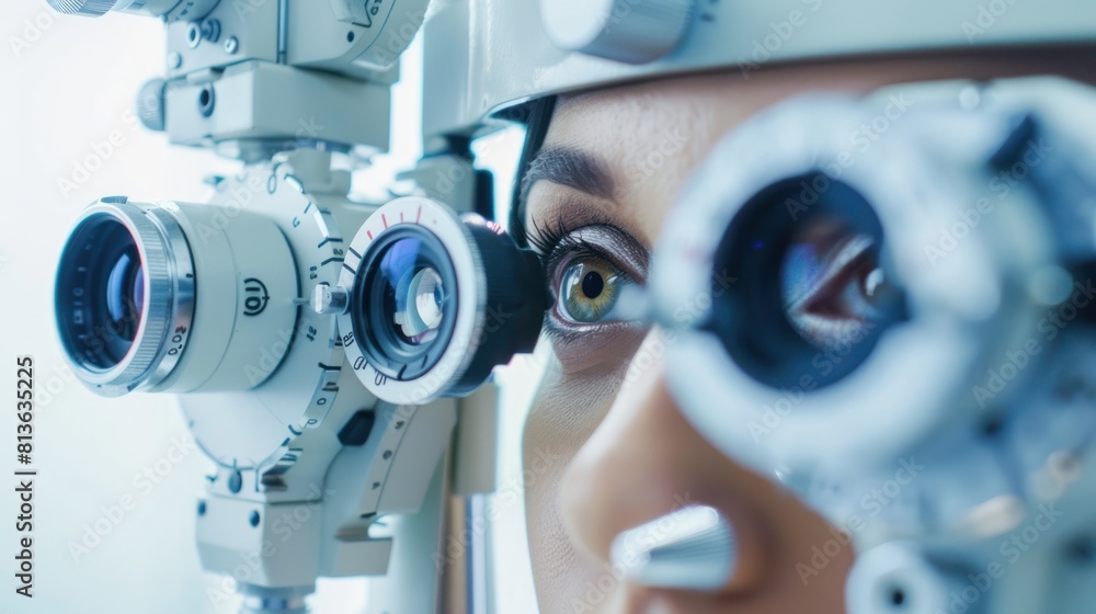 Closeup face woman on eye vision test optometrist with modern sight ...