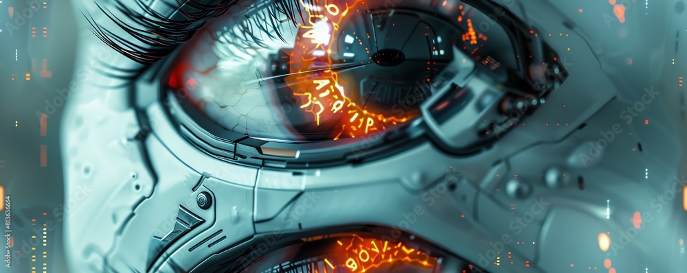 Zoom in on a single invasive robotic eye glaring ominously into the ...