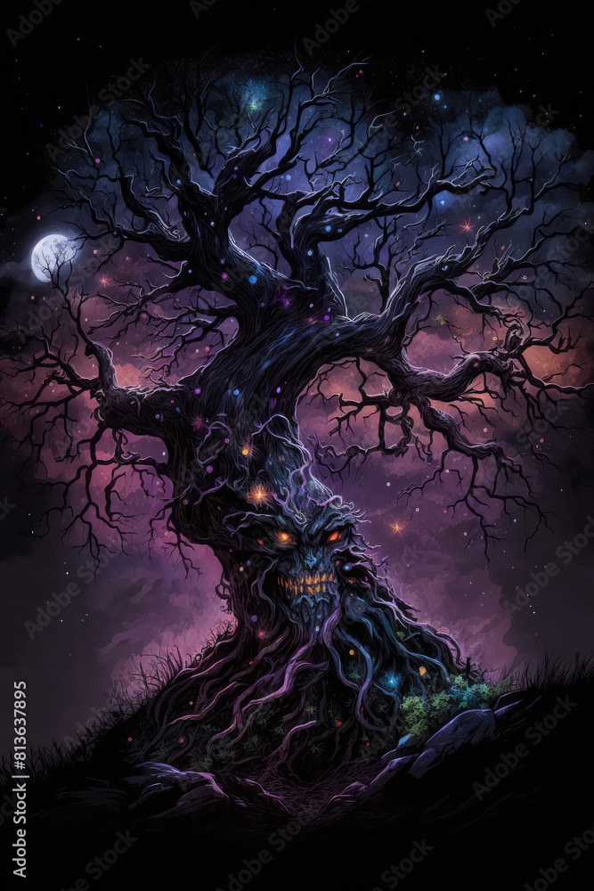 Colorful scary halloween tree with a skull and branches against a night ...