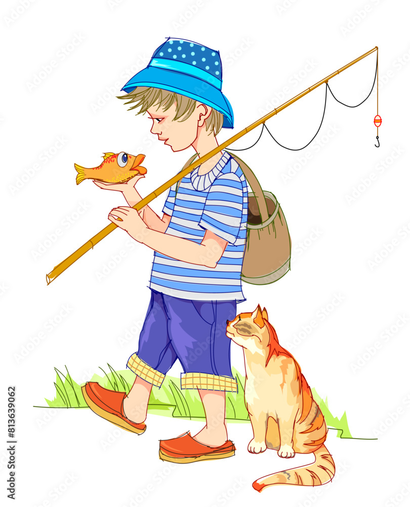 Fantasy drawing of little boy after fishing. Cute fisherman. Hand-drawn ...