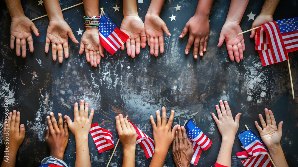 Strength in unity. Human hands and American flags, convey powerful ...
