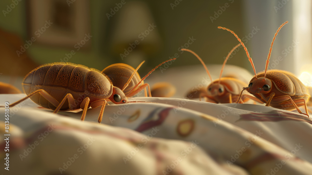 Bed bugs or mites crawling on the bed linen, where child is sleeping ...
