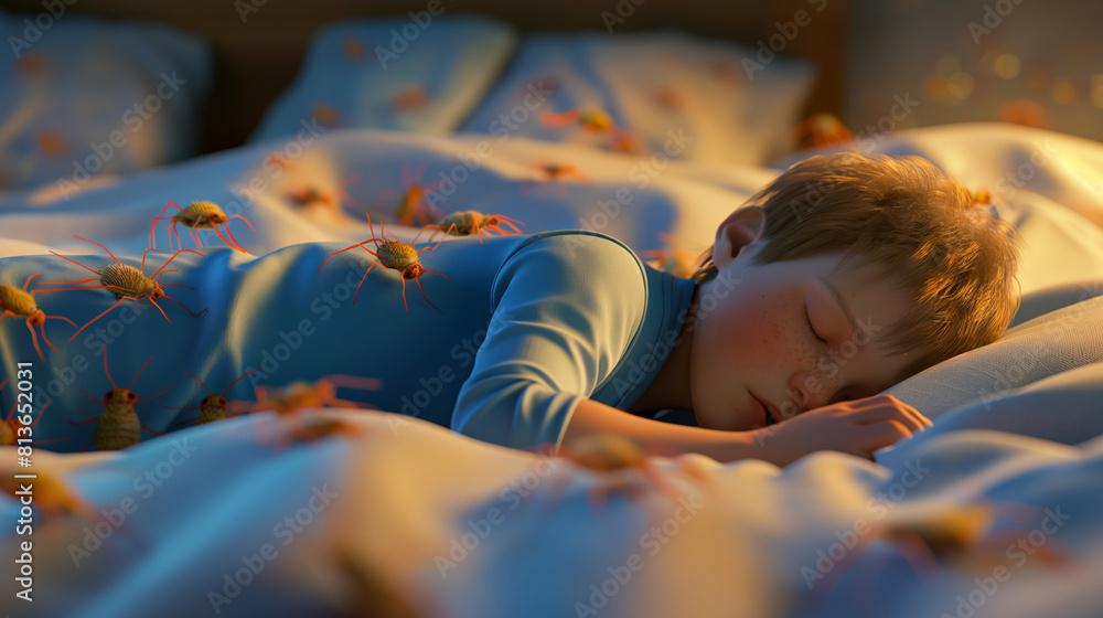 Bed bugs or mites crawling on the bed linen, where child is sleeping ...