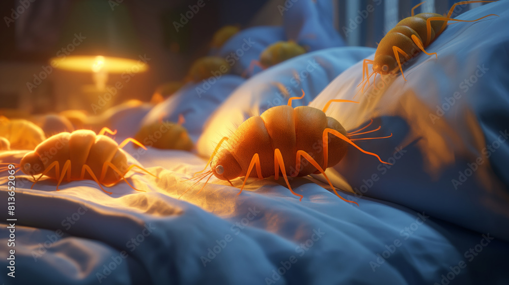 Bed bugs or mites crawling on the bed linen, where child is sleeping ...