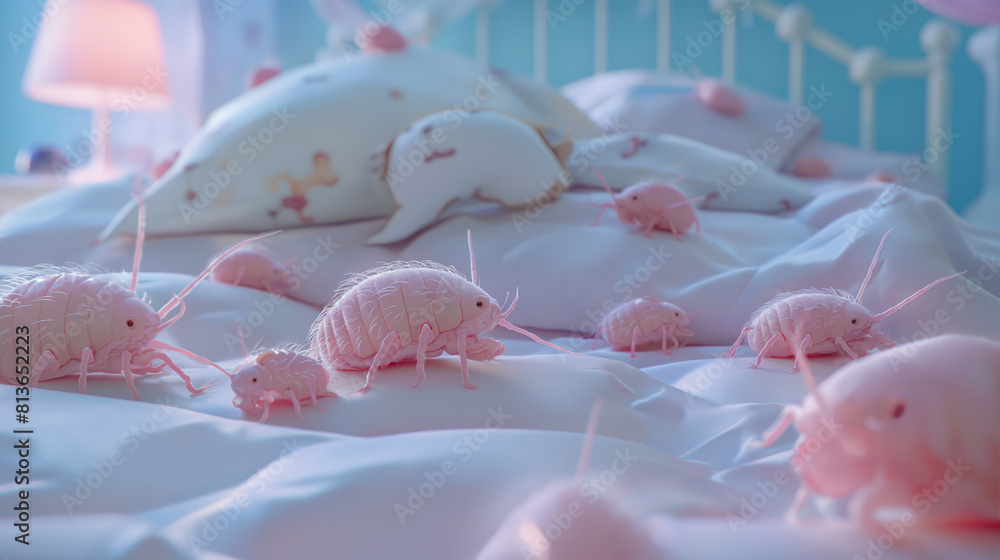 Bed Bugs Or Mites Crawling On The Bed Linen Where Child Is Sleeping