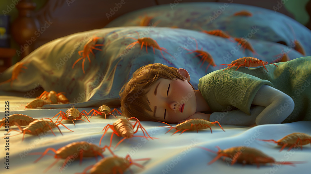 Bed bugs or mites crawling on the bed linen, where child is sleeping ...